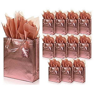 12 Pack Gift Bags Glossy Reusable Bachelorette Bags Non Woven Shiny Bridesmaid Bags Finish Goodie Bags with 24 Sheets Wrapping Tissue Paper 12 Gift Tags with String, 9.5 x 3.9 x 11.8 Inch (Rose Gold)