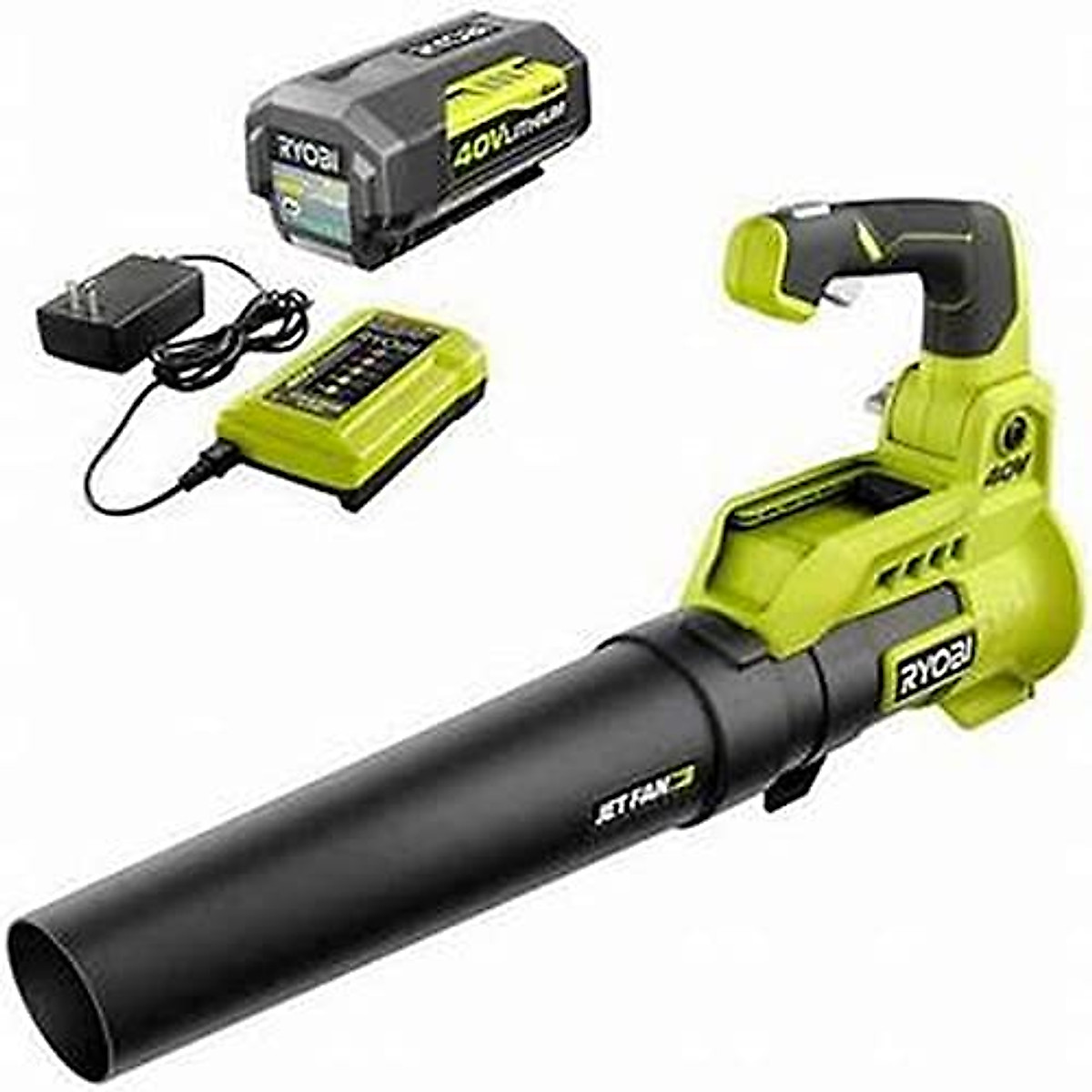 RYOBI 40V 110 MPH 525 CFM Cordless Battery Variable-Speed Jet Fan Leaf Blower with 4.0 Ah Battery and Charger (Renewed)