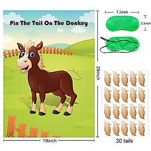 Hxezoc Pin The Tail On The Donkey Party Game with 30 Pcs Tails Large Donkey Games Poster for Kids Birthday Party Carnival Party Supplies