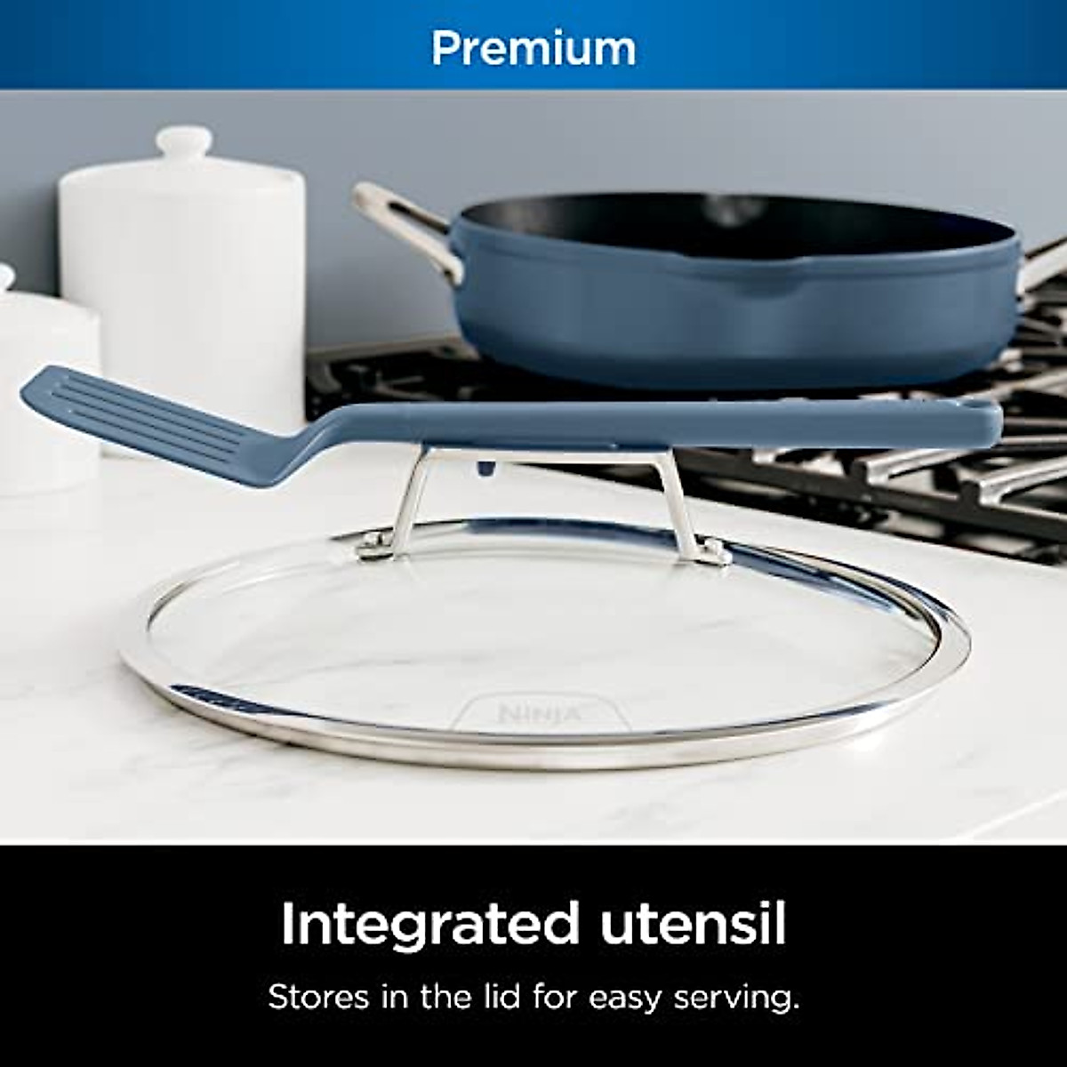Ninja CW102BL Foodi NeverStick PossiblePan, Premium Set with 4-Quart Capacity Pan, Steamer/Strainer Basket, Glass Lid & Integrated Spatula, Nonstick, Durable & Oven Safe to 500°F, Macaron Blue