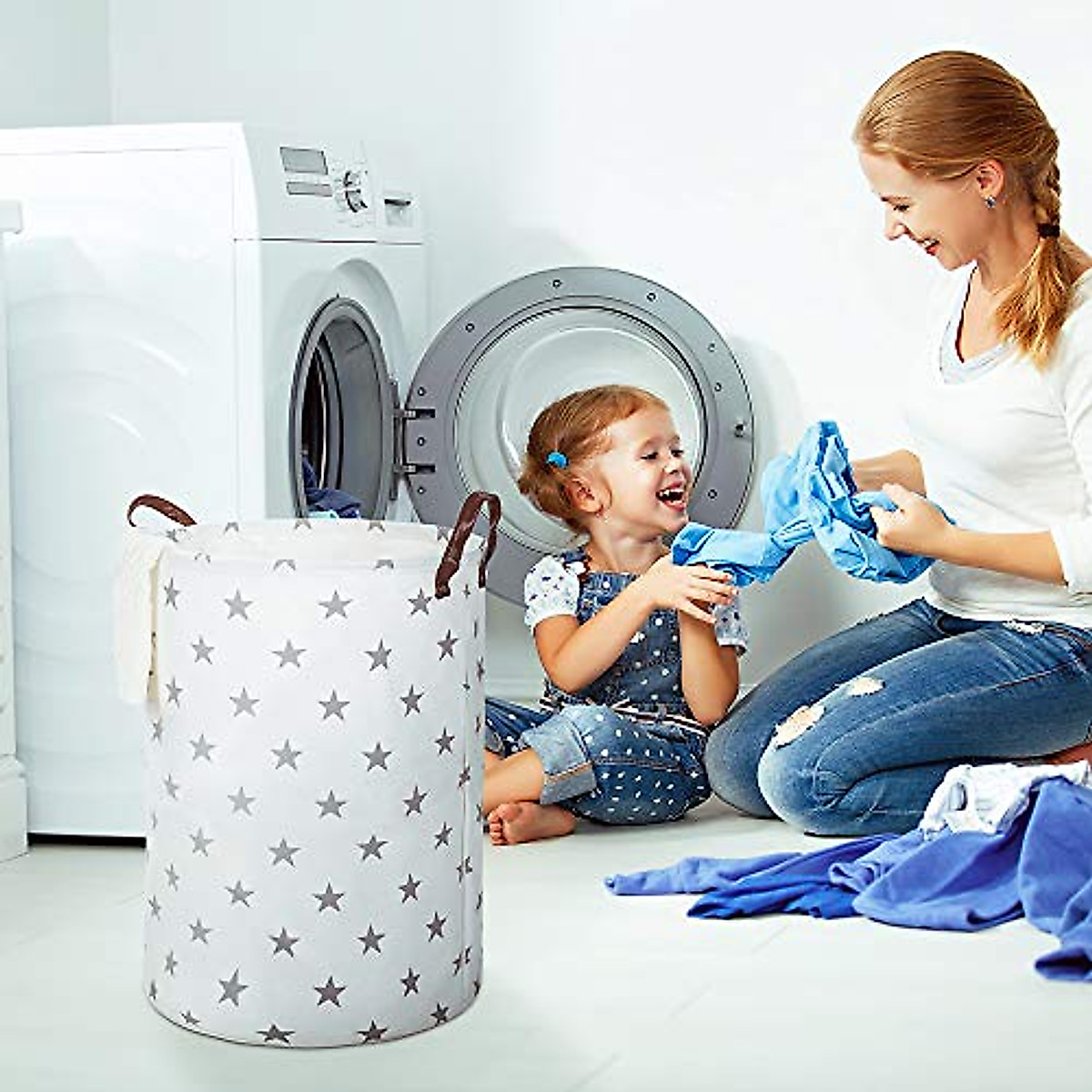 FRIENDIY Large Laundry Hampers (9 Colors), Removable Laundry Basket, foldable fabric laundry basket, drawstring waterproof round cotton linen storage basket. (Grey Star, Thickened 19"/Large)