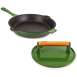 Berghoff 2Pc Neo Enameled Cast Iron Cookware Set, Fry Pan 10 Inches, Steak Press, Oven Safe Up To 400°F, Green