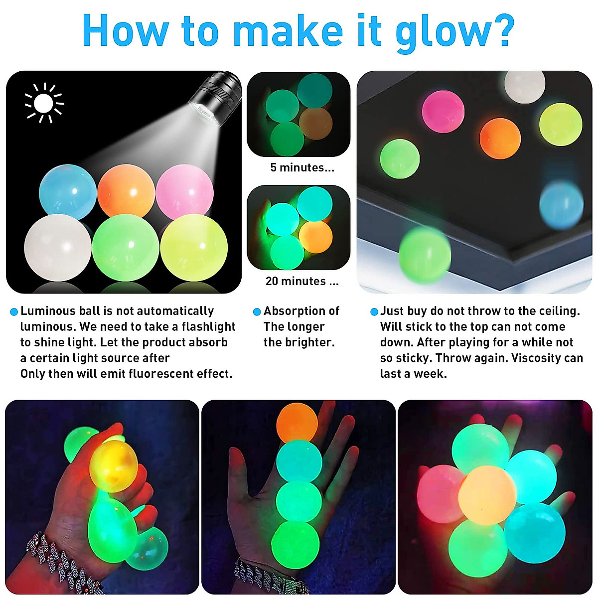 4 Pcs Ceiling Balls Glowing Sticky Balls, Stress Balls Glow in The Dark Toys Stick to The Ceiling, Luminous Stress Relieving Balls Fun Decompression Fidget Toy for Kids and Adults Anxiety Pressure