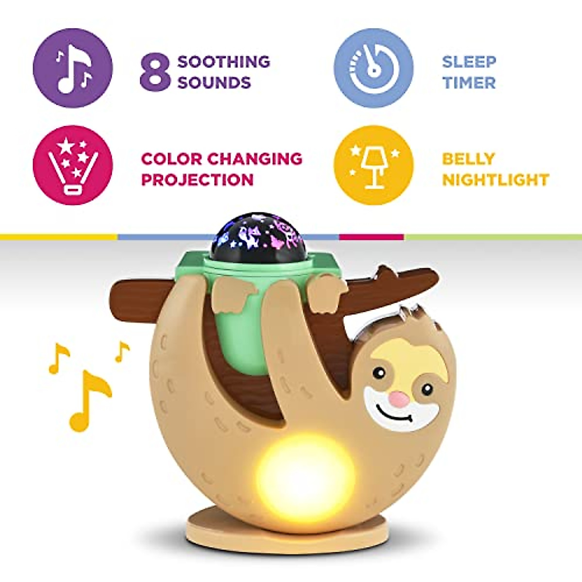 Project Nursery Sleepy Sloth Sound Soothing Crib Projector – 8 Soothing Sounds, Multicolor Ceiling Projection, Sleep Timer, Nightlight, Attaches to Crib, Portable - for Babies, Toddlers and Kids
