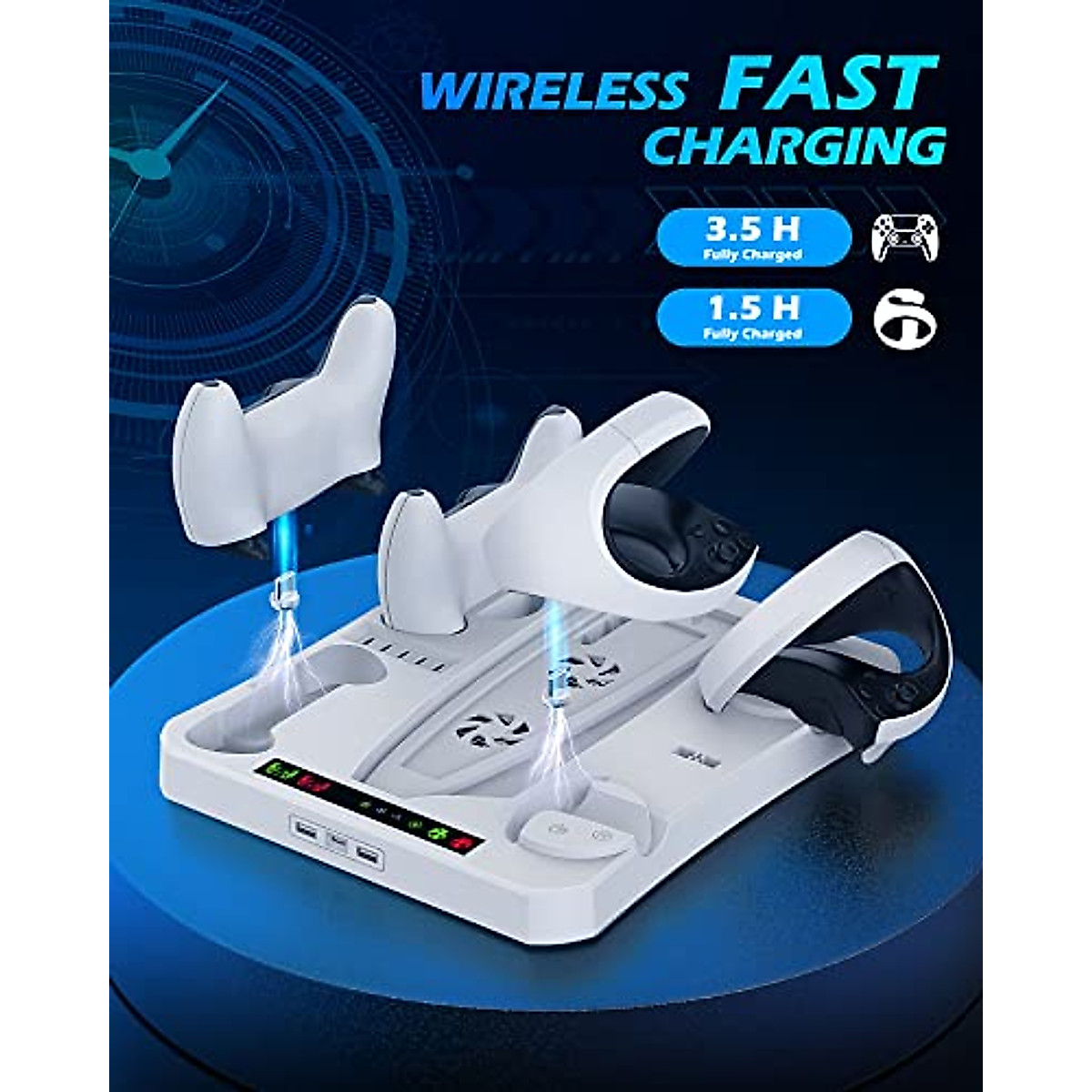 PS-5 & PS VR2 Charging Station with 2 Cooling Fan, YOGES 3-in-1 PS-5 Stand for Play-station5 and Play Station VR2 Controllers Charging, PS-5 Console Cooling Station PS-5 PS VR2 Accessories Storage
