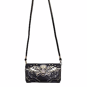 Zelris Skull Crossbones Angel Wings Heart Women Crossbody Trifold Wallet (Black)
