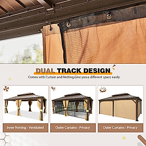 EROMMY 12'x18' Hardtop Gazebo,Galvanized Steel Double Roof Metal Gazebos with Curtain and Netting, Brown Permanent Pavilion Canopy with Aluminum Frame for Patios,Gardens,Lawns