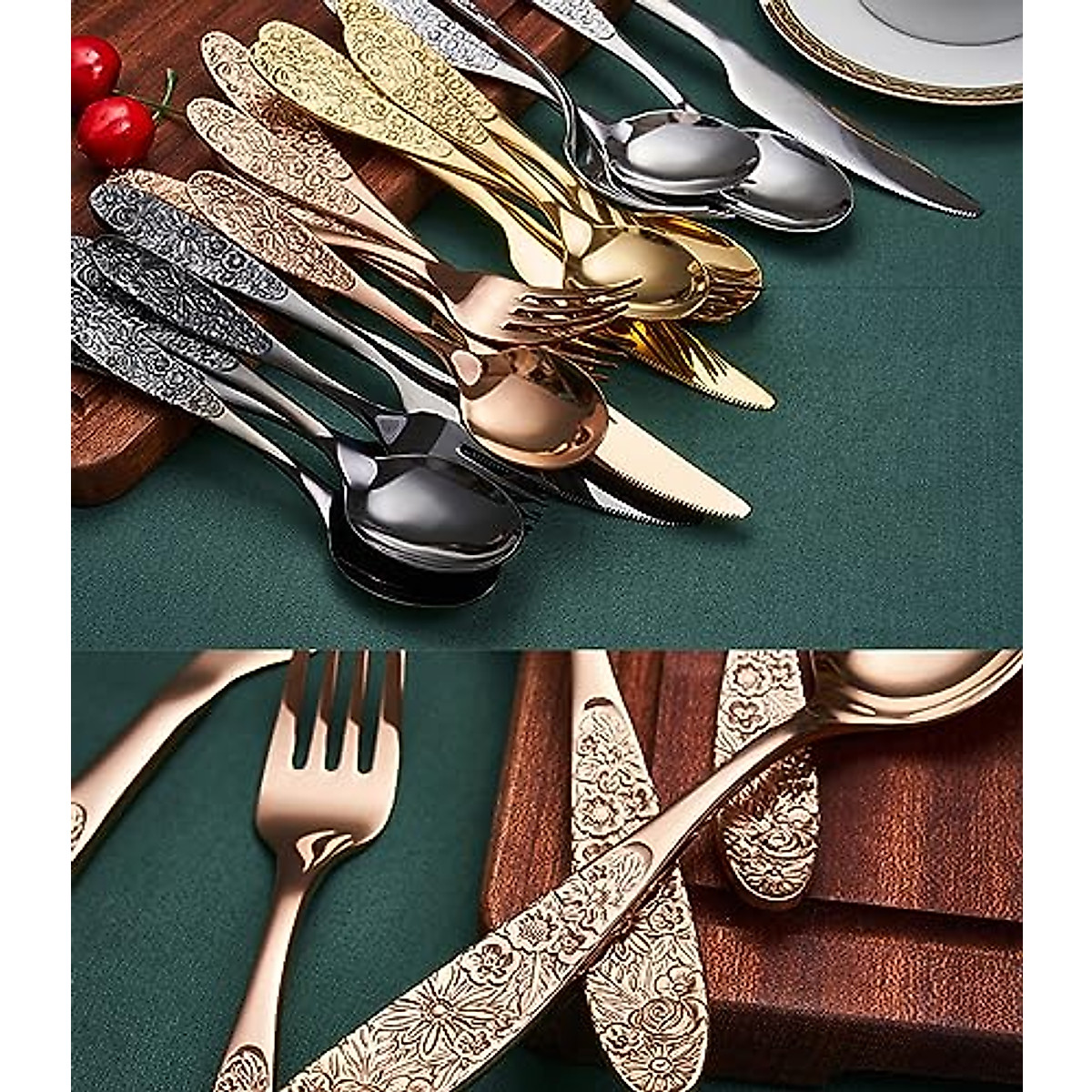Taiyoko Silverware Set Flatware 32-Piece Retro Cutlery，Mirror Polished，Stainless Steel，Kitchen Utensils Tableware Service with Steak Knives Dinner Fork Knife Spoon