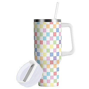 IHCVHQX Tumbler with Handle and Straw 40oz Checkered Rainbow Pattern Insulated Tumbler Cups Stainless Steel Travel Coffee Mug