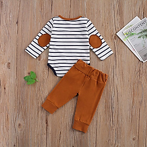 2Pcs/Set Newborn Baby Boys Outfit Long Sleeve Striped Bodysuit Romper Solid Pants Fall Winter Clothes (Khaki, 0-3 Months)
