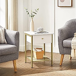VASAGLE White Nightstand with Drawer, Bedside Table, End Table with Open Shelf, Modern Style for Bedroom, White and Gold ULET512A10