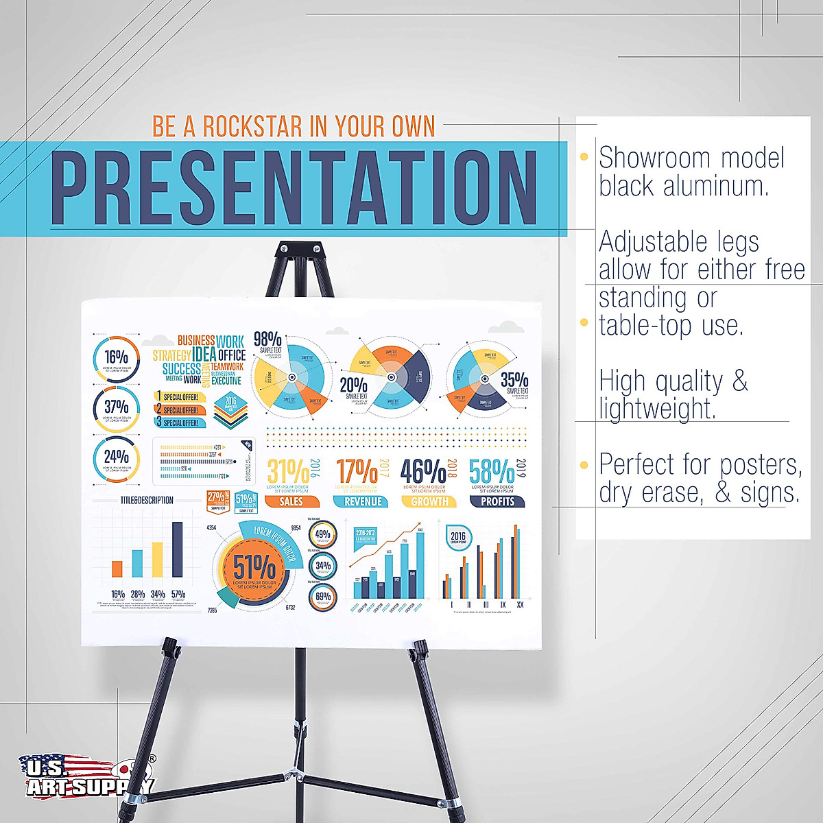 U.S. Art Supply 66" High Showroom Black Aluminum Display Easel and Presentation Stand - Large Adjustable Height Portable Tripod, Holds 25 lbs - Floor and Tabletop, Display Paintings, Signs, Posters