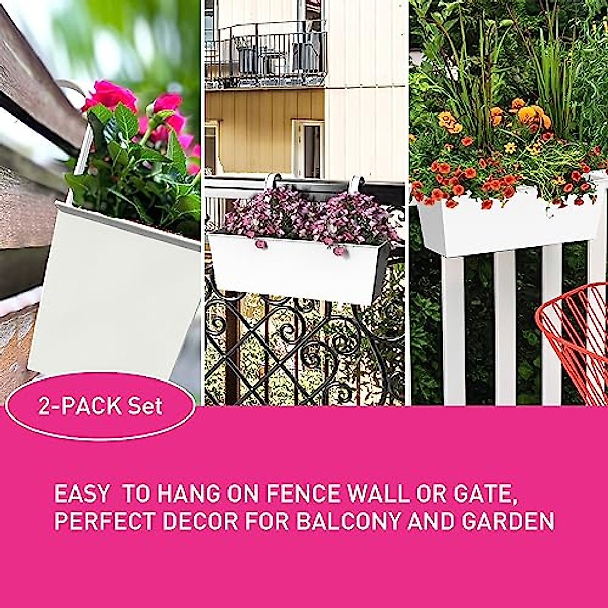 PINFENGJIAJU 24 Inch Metal Iron Hanging Planters 2 Pack, Large Rectangular Hanging Flower Pots with Detachble Hooks, Deck Rail Fence Balcony Hanging Planter Boxs with Drainage Holes(Shimmerry Brown)
