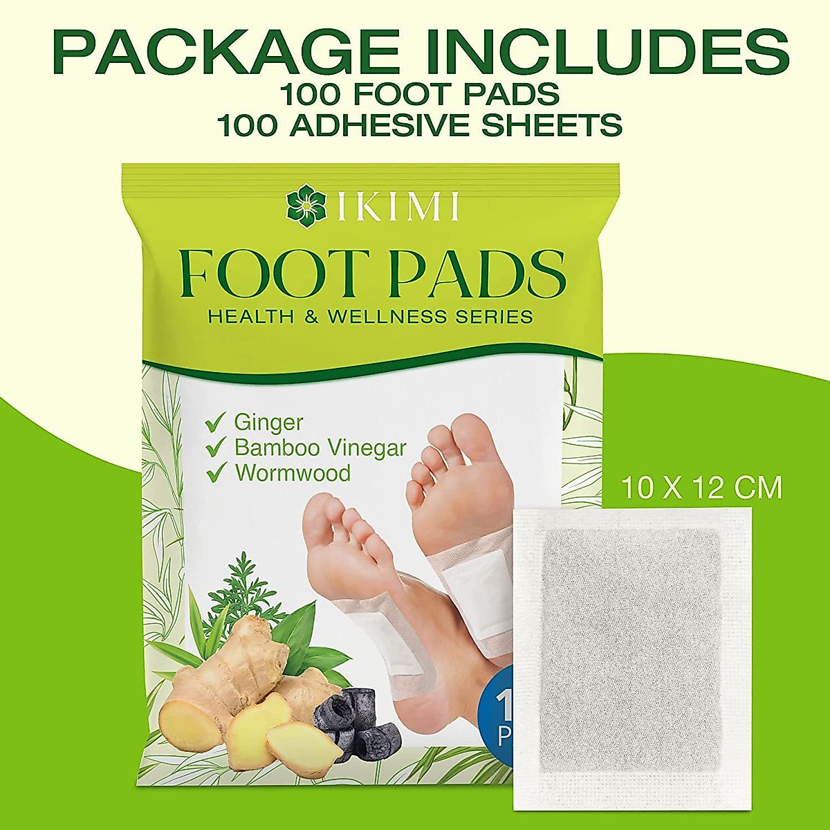 IKIMI 100 Ginger Foot Pads for Better Sleep, Stress Relief and Foot Care - Bamboo Vinegar and Wormwood Powder Patches