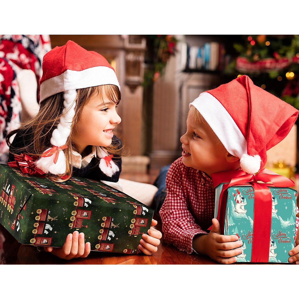 ZINTBIAL Funny Christmas Wrapping Paper for Kids Adults - Xmas Gift Wrap with Red/Black Plaid Snowman, Polar Bears, Cute Santa, and Christmas Train Designs - 20 x 29 Inches, 8 Folded Sheets -