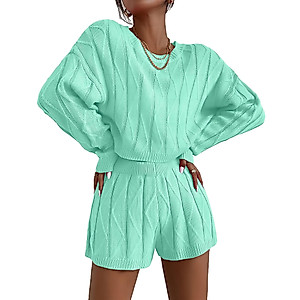 Ekouaer Knit Lounge Sets for Women 2 Piece Cozy Long Sleeve Pullover Sweater Top and Shorts Set Sweatsuit Outfits Mint Green Large