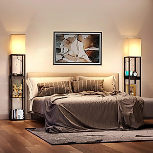 Assemer Shelf Floor Lamps for Living Room,Tall Standing Lamp with Shelves and Drawer,2 USB Charging Ports & Power Outlet,Bright 3CCT LED Bulb Included - Black