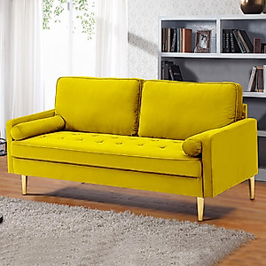 PEIHONGET 67" Mid Century Modern Loveseat Sofa, 2-Seater Velvet Tufted Love Seat Couch with Bolster Pillows, Golden Frosted Legs for Small Space, Living Room, Apartment, Bedroom (Yellow)