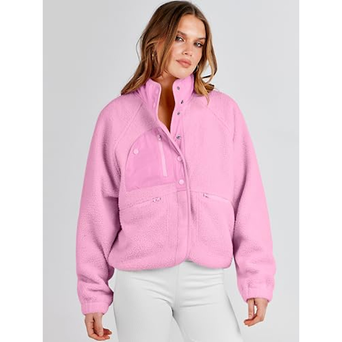 ANRABESS Womens Fuzzy Fleece Jacket Fall Casual Long Sleeve Cropped Sherpa Button Down Shacket Coats Outwear With Pockets Pink Large