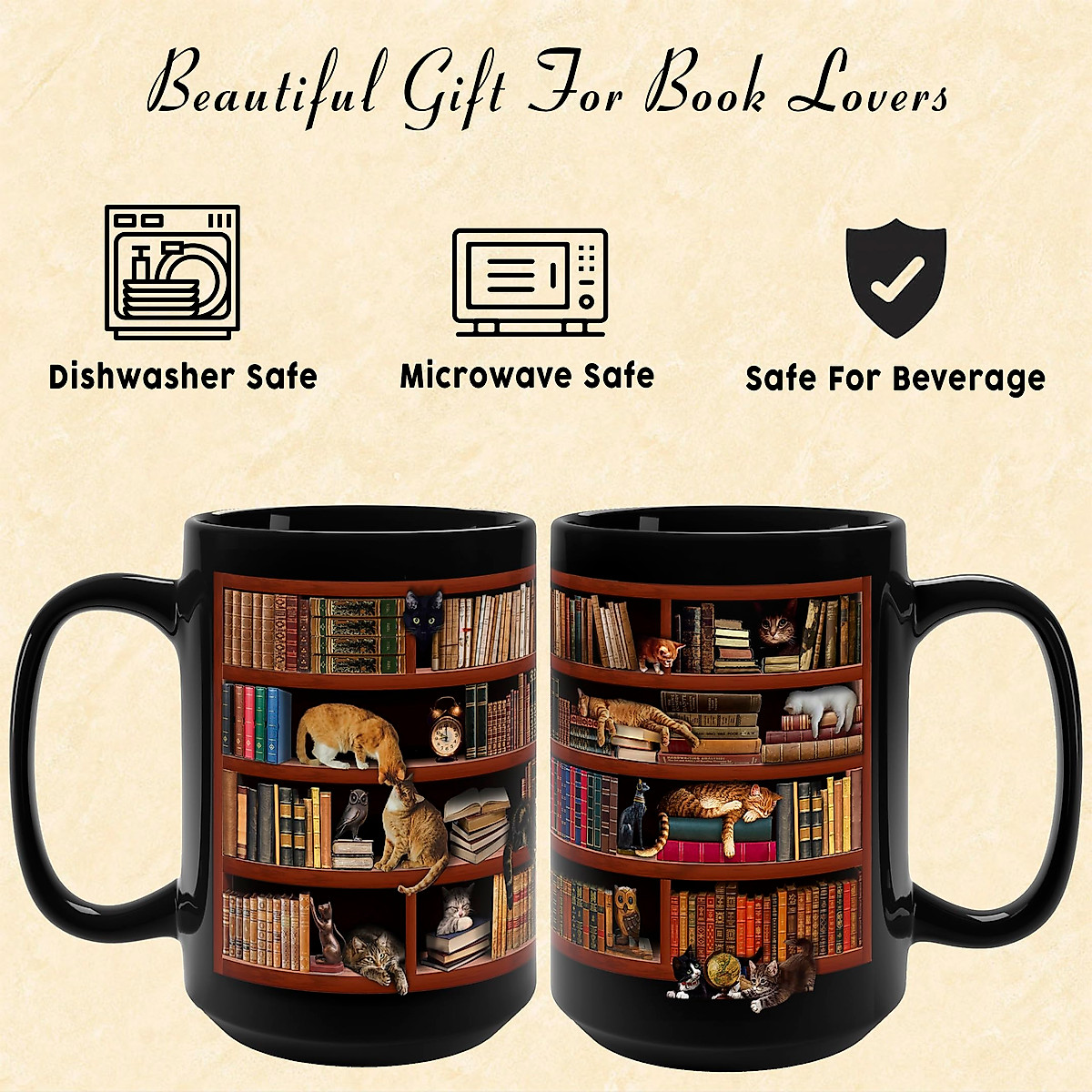 Library Bookshelf Coffee Mug Gifts for Book Lovers, Readers, Bookish, Birthday, Mothersday, Fathersday, Christmas Library Mug for Cat and Book Lover Black Coffee Mug 15Oz With Keychain