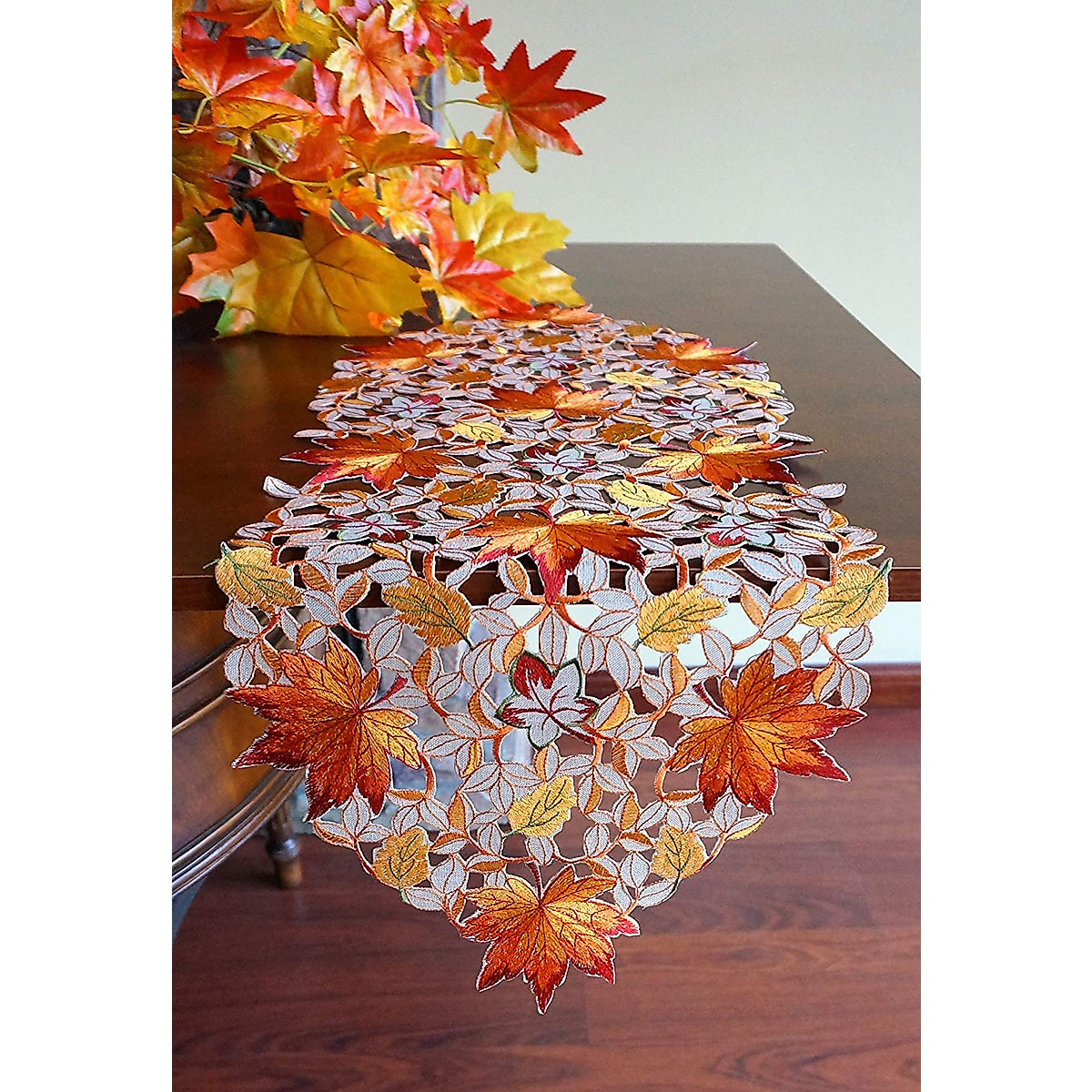GRANDDECO Thanksgiving Harvest Table Runner Embroidered Cutwork Maple Leaves Dresser Scarf Table Cover Autumn Or Fall Decorations (Table Runner 13"x34")