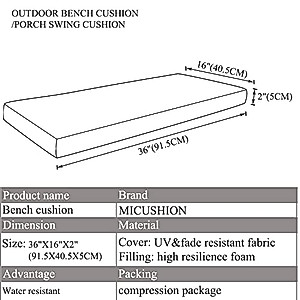 MICUSHION Outdoor Bench Cushion for Patio Furniture Water Resistant Porch Swing High Density Foam Cushions Non Slip Window Seat Pad Indoor (36"x16"x2", Khaki)