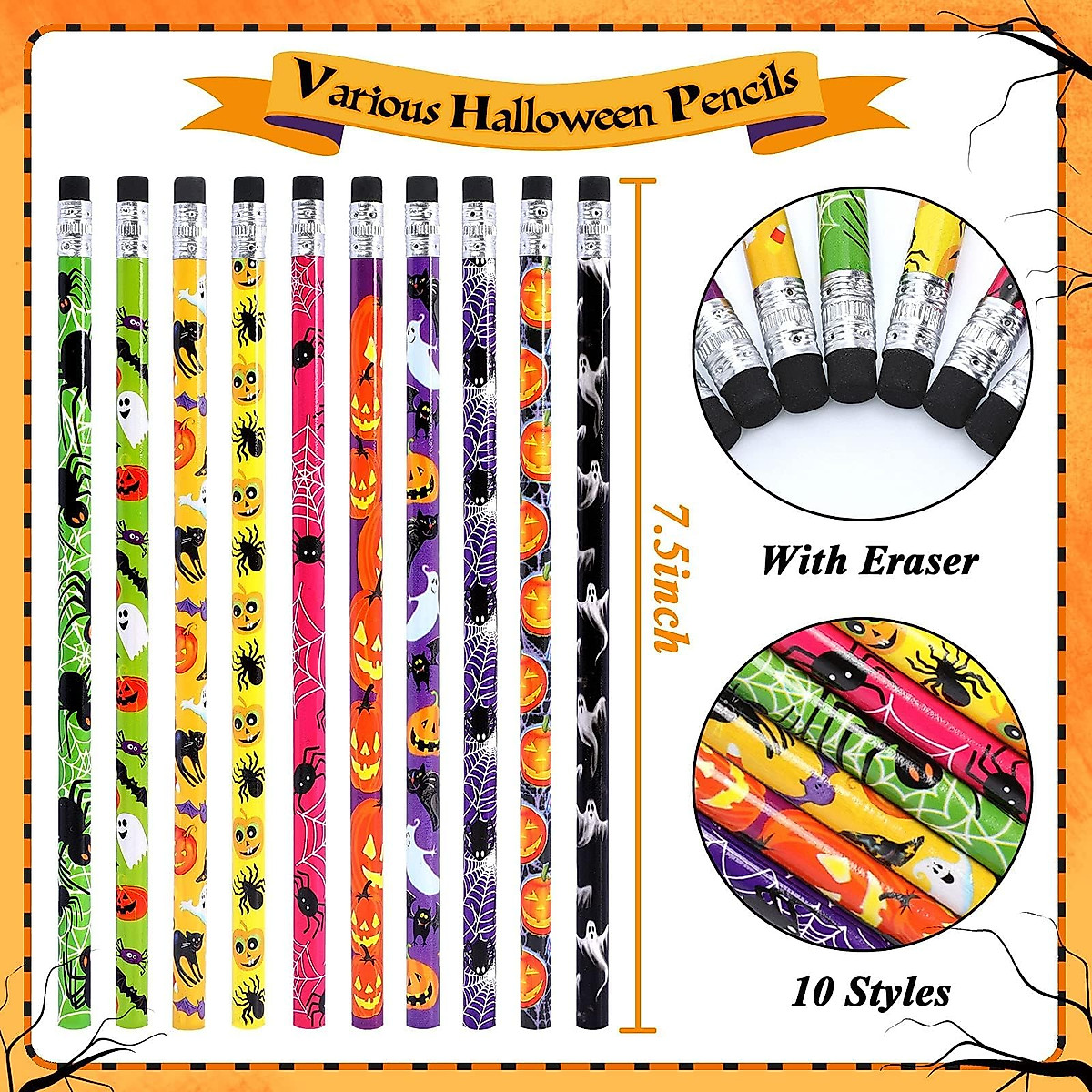 50Pcs Halloween Pencils Colorful Wood Pencils with Erasers Assorted Pattern Pencils for Halloween Party Favors Trick or Treat Halloween Goodies Bags Filler Game Prizes Classroom Rewards for Kids Adult