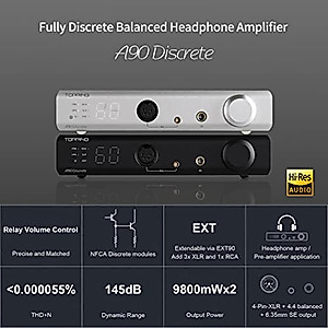 Topping A90 Discrete Fully Discrete Balanced Headphone Amplifier HiFi NFCA 4Pin XLR/4.4MM Balanced/6.35MM SE Out 9800mWx2 Desktop Headphone Amp Preamp with Remote Control (Black)