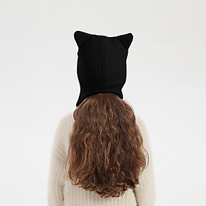 Girl Knit Cat Ear Beanie Hat and Glove Set Kids Winter Earflap with Braided Ski Skull Cap Mitten Set Age 3-7