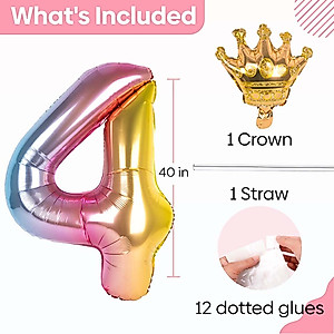 Captain Decor 4 Number Balloon 40 Inch Rainbow Gradient with Detachable Crown – Easy Inflate and deflate reusable, Premium Foil Mylar Balloons for Birthdays, Anniversaries, and Party Decorations