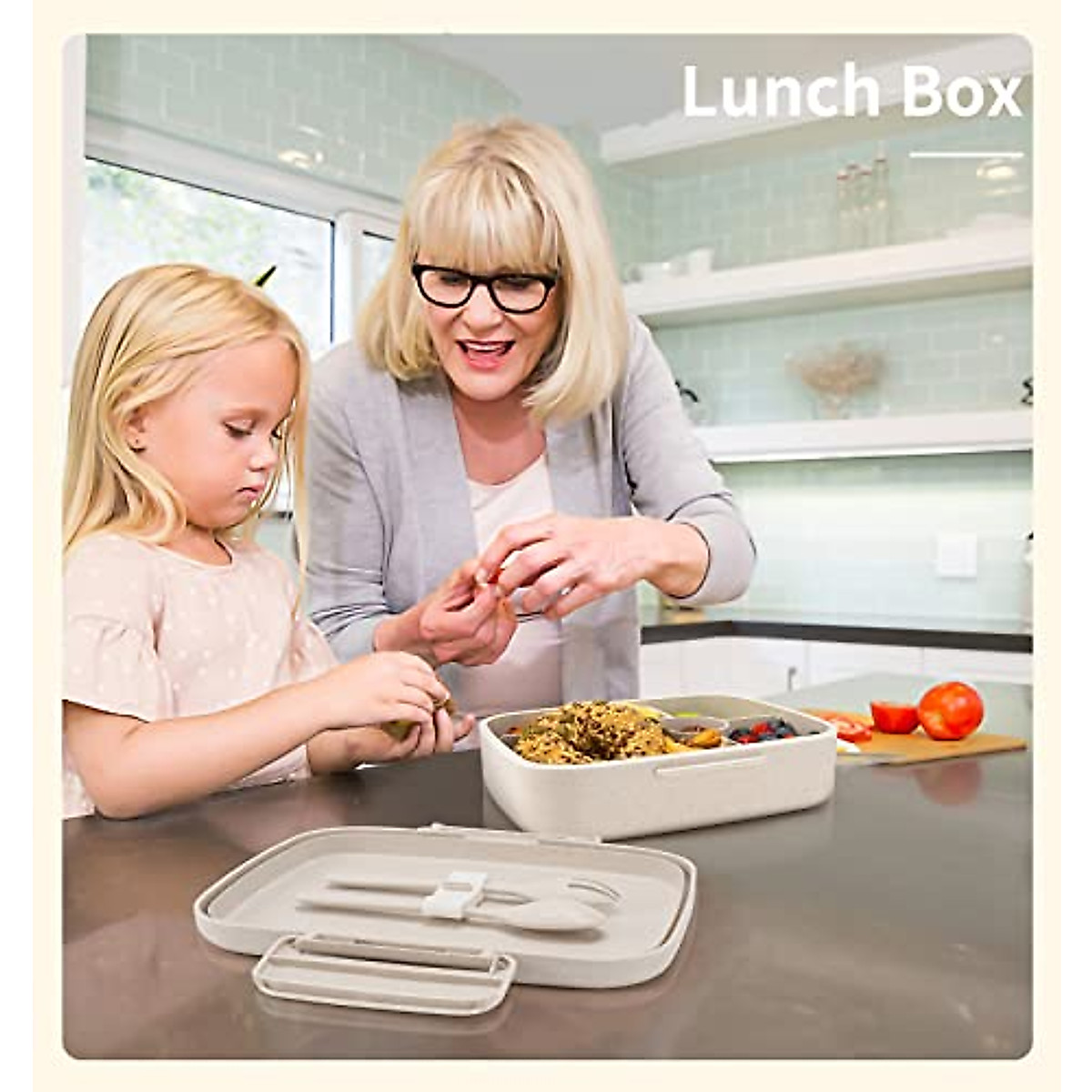 ANDMOON Bento Lunch Box with Kids/Adults, 5 Compartments Leakproof Lunch Container with Dressing Cup, Eco-Friendly Double Insulated Boxes, Dishwasher and Microwave Safe, BPA-Free (white)