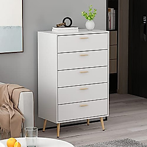 Homsee Modern Dresser Storage Chest with 5 Drawers, Wood Dresser Chest with Gold Metal Legs and Handles for Bedroom, Living Room, White (27.4”L x 15.6”W x 44.9”H)