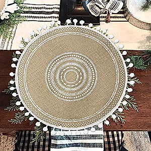 Collive Boho Round Placemat 15 Inch - Farmhouse Woven Jute Fringe Table Mats Set of 4 with Pompom Tassel Place Mat for Dining Room Kitchen Table Decor, White Tribal Folk