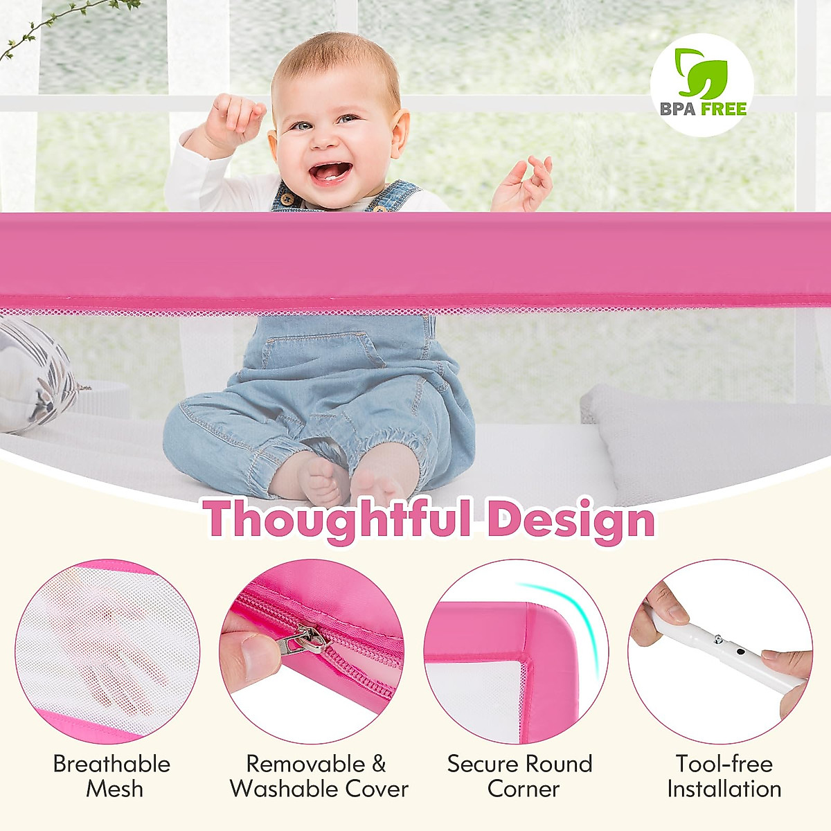 Costzon Bed Rail for Toddlers, 2 PCS Extra Long Swing Down Safety Bed Guards w/Straps for Convertible Crib, Kids Twin, Double, Full Size, Queen & King Bed, Folding Bed Rails for Baby (59-Inch, Pink)