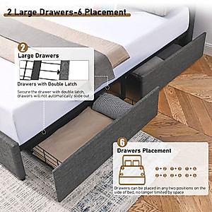 Queen Bed Frame with Tall Bookcase Headboard and Charging Station, LED Bed Frame with 2 Storage Drawers, Upholstered Mattress Foundation with Wooden Slats Support, No Box Spring Needed,Dark Grey