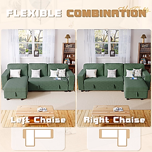 Furmax 80″ Sleeper Sofa Couch with Pull Out Bed L Shaped Sleeper Sofa with Storage Chaise, USB Charging Ports & 2 Built-in Bookshelves 3-Seat Sectional couches for Living Room (Corduroy, Green)