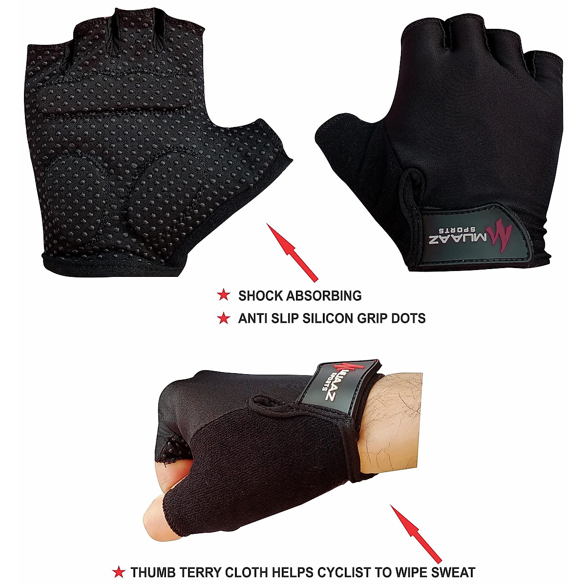 Half Finger Cycling Gloves Bike Gloves Bicycle Gel Padded Fingerless Cycle Gloves (Black, Small