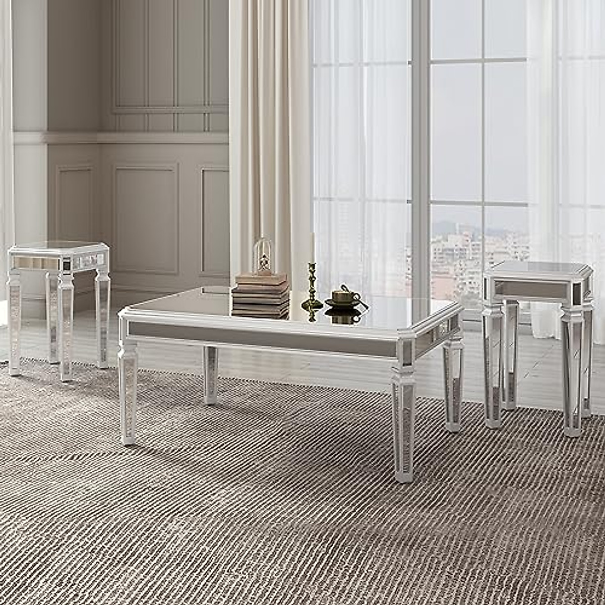 3-Piece Coffee table and End Tables Set,Glass Mirrored Coffee Table with Adjustable Height Legs and Crystal Design,Fashionable Cocktail Table,Easy Assembly Rectangular Glass Coffee Table,Silver