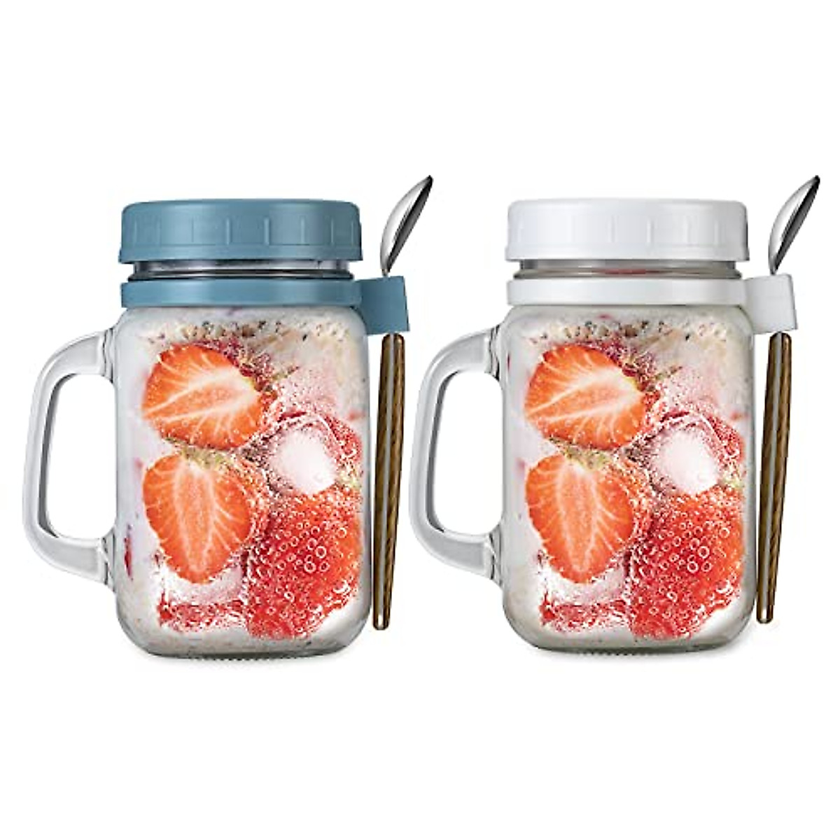 2 Pack Overnight Oats Containers with Lid and Spoon, Overnight Oats Jars 15 oz Large Capacity Airtight Oatmeal Container with Handle (White and Grey)