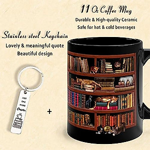 Kovan Library Bookshelf Mug Book Lovers Coffee Mug Library Mug for Cat and Book Lover Book Coffee Mug Book Mug Bookworm Mug Book Club Cup - Gifts for Readers Bookish Black Mug 11Oz With Keychain