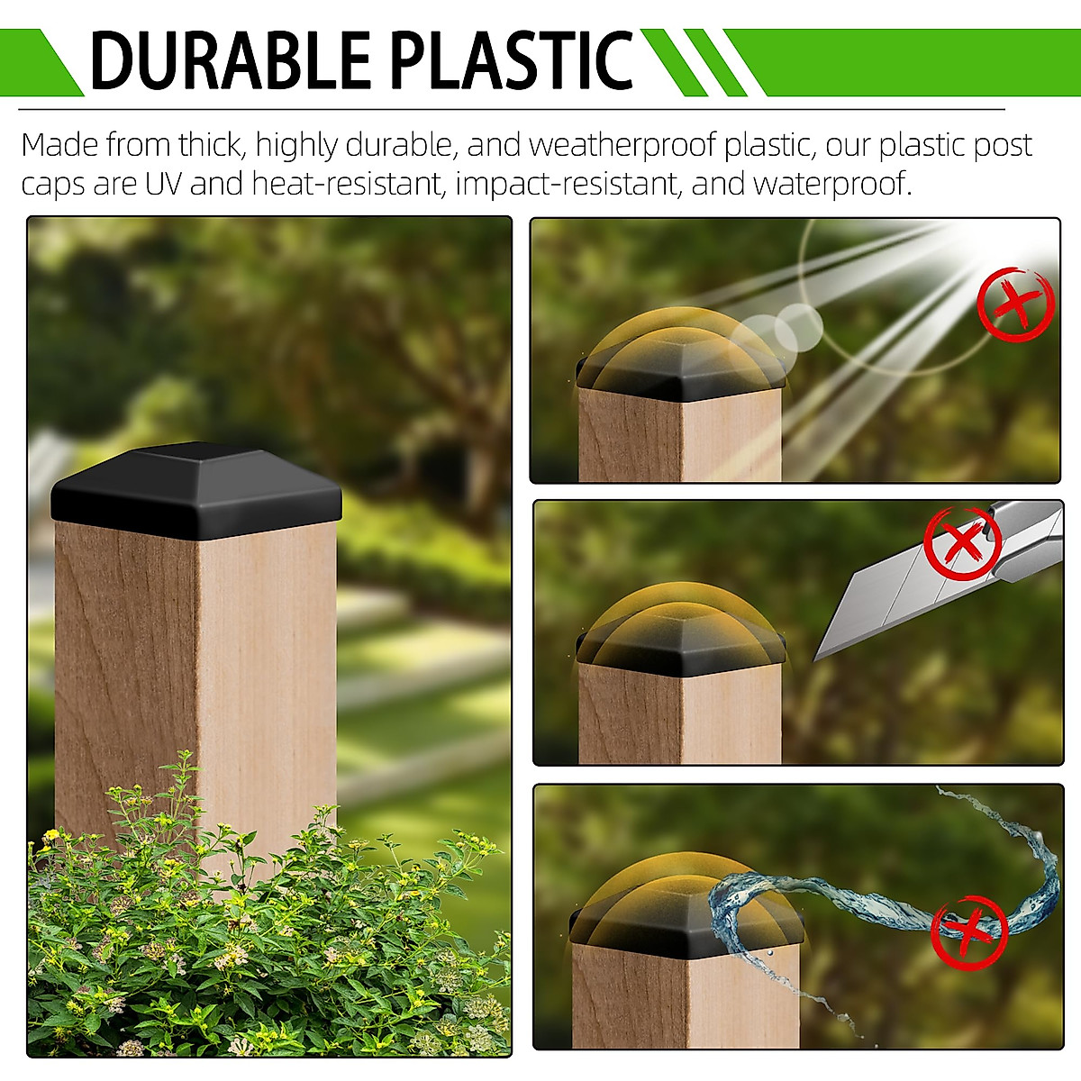 TonGass (6-Pack, Black) 4x4 (3 5/8") Wood Fence Post Caps - Wooden Fence Deck Post Covers - Durable Plastic Water-Proof and UV-Proof - Protect Wooden Fence Poles from Cracking and Rotting