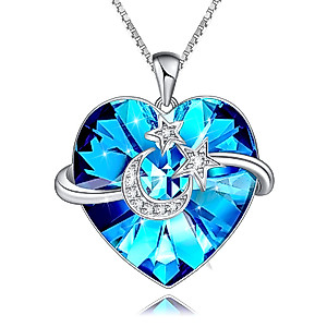 Distance Crystal Heart Necklace for Women S925 Sterling Silver Moon Star Crystal Necklaces Jewelry Gift for Her on Christmas, Valentine's, Mother's Day, Birthday Gifts for Women Wife Girlfriend