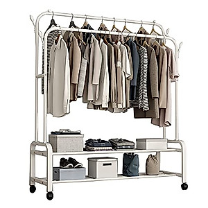 ZBYL Mobile Clothes Rack Garment Wardrobe Rack with Wheels, Metal Clothing Closet Rack with Shelves, Portable Rolling Coat Organizer Rack with Bottom Rack, 105×140cm