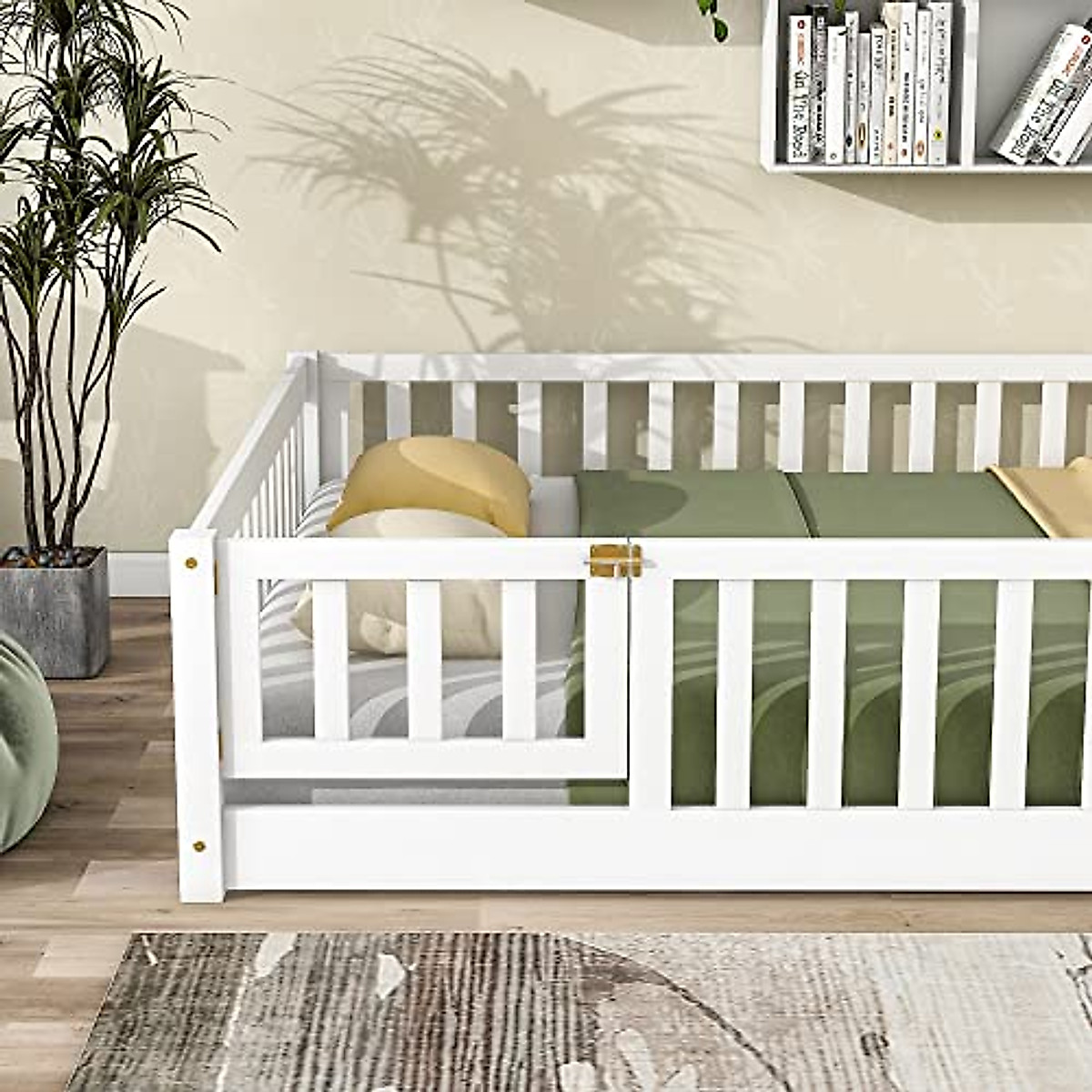 Harper & Bright Designs Full Floor Bed for Kids, Montessori Frame with Fence and Door, Wooden Full Platform Boys Girls, Slats Included, No Box Spring Needed (Full Size, White) White With Slats