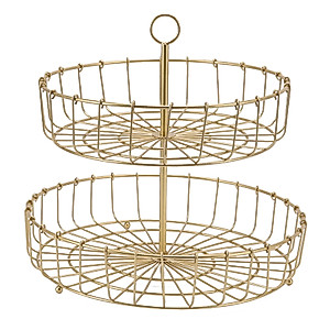 2 Tier Fruit Basket, Vegetables Fruit Bowl Storage Golden Household Snack Storage Tray Stand Organizer for Kitchen Countertop Counter