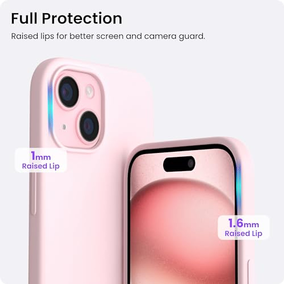 ORNARTO Compatible with iPhone 15 Plus Case 6.7", Slim Liquid Silicone 3 Layers Full Covered Soft Gel Rubber Cover Protective Phone Case with Anti-Scratch Microfiber Lining-Pink