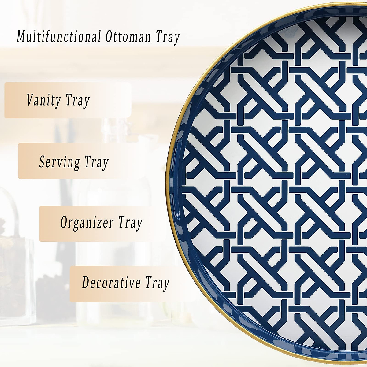 Spsyrine Round Decorative Tray, Plastic Serving Table Tray with Handles for Breakfast, Modern Ottoman Tray for Coffee Table, Bathroom, Kitchen, Living Room, White