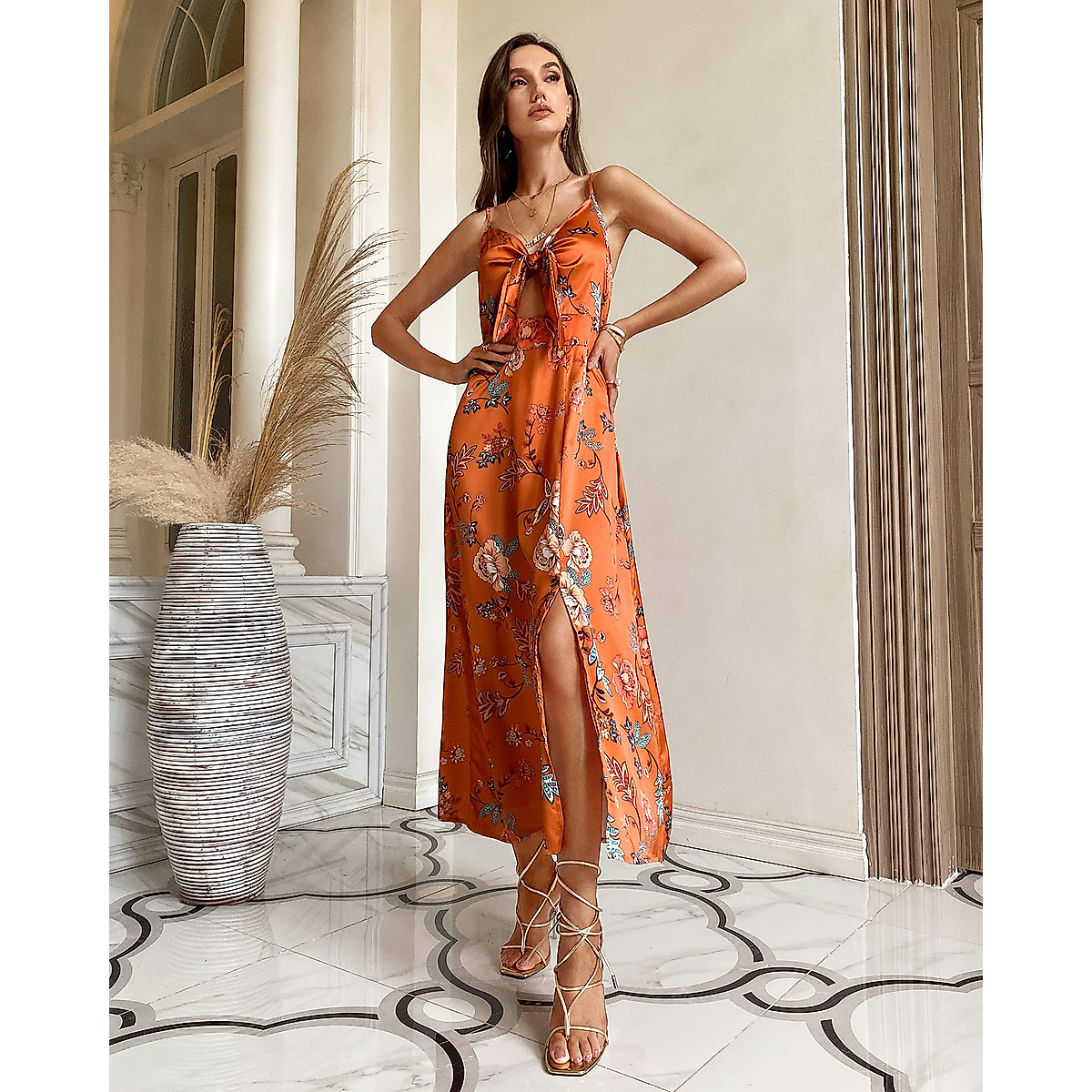 Fashionme Women Spaghetti Strap Midi Satin Dresses Tie Front Backless Split Summer Casual Floral Dress Hollow Flowy Slip Dress Sundress Wedding Guest Beach Cocktail Graduation Orange