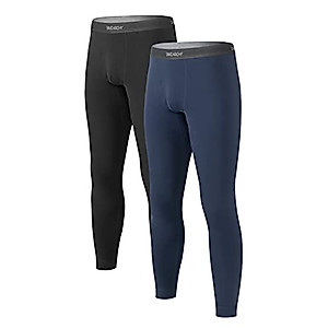DAVID ARCHY Men's Winter Warm Stretchy Cotton Fleece Lined Base Layer Pants Thermal Bottoms Long Johns with Fly 2 Pack (L, Black/Navy Blue)