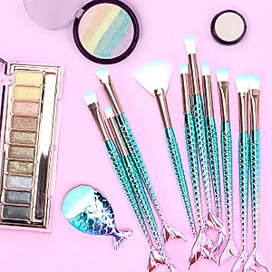 11PCS Makeup Brushes Set with Colorful Fish Tail Handle, Foundation Eyebrow Eyeliner Blush Cosmetic Concealer Brushes Women Christmas Gift Ideas Stocking Stuffers for Girls Kids Cute Make Up Tool Set